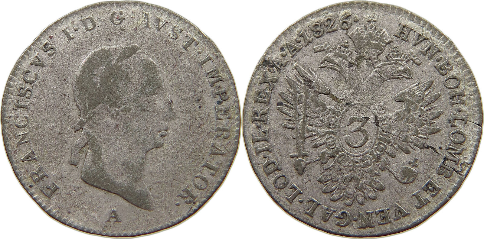 HAUS HABSBURG 3 KREUZER 1826 A FRANZ II. 1792-1835 S-SS | MA-Shops