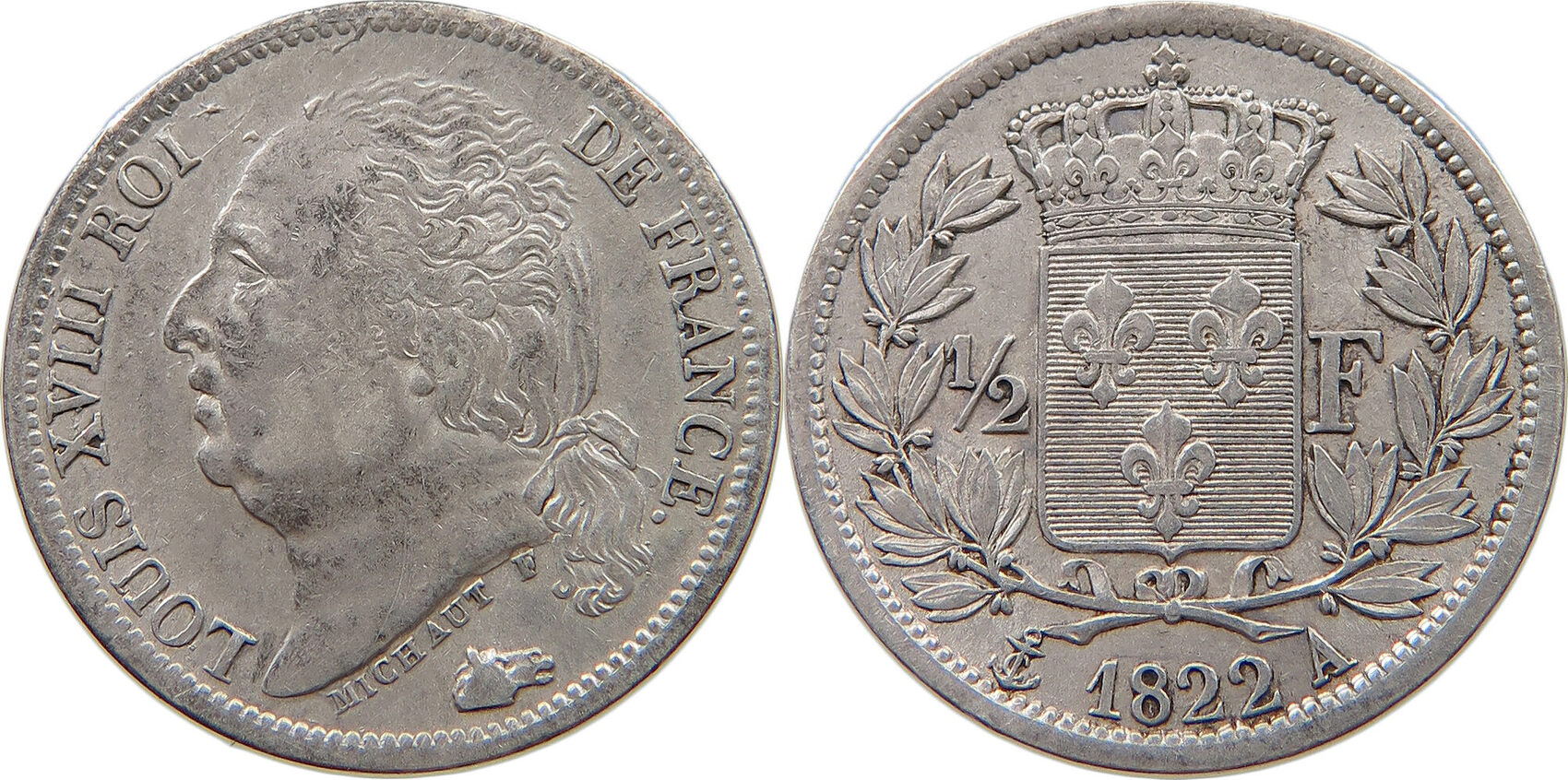 FRANCE 1/2 DEMI FRANC 1822 A LOUIS XVIII. (1814, 1815-1824) SS | MA-Shops