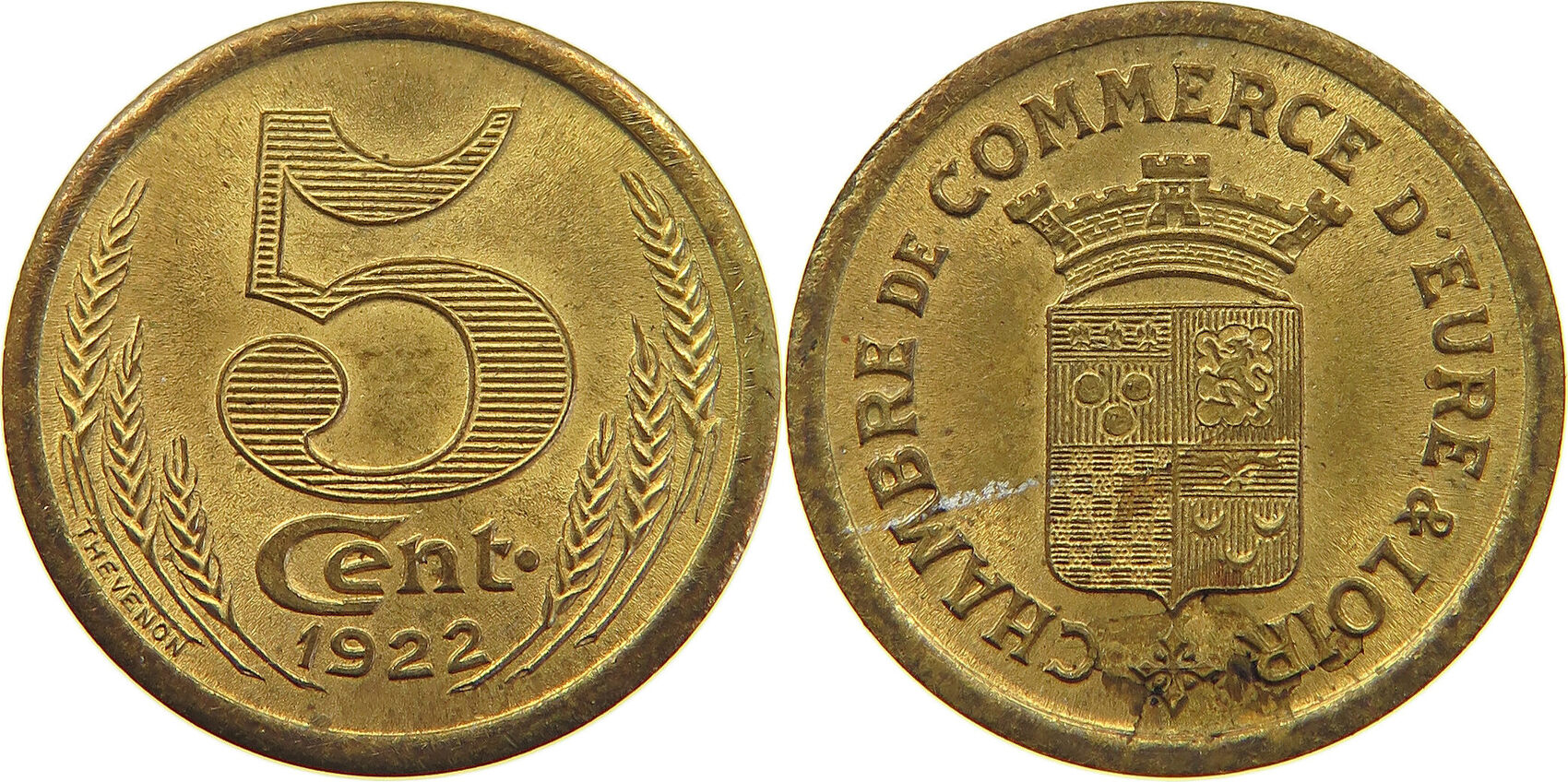 FRANCE 5 CENTIMES 1922 ESSAI Chambre commerce EURE LOIR VZ | MA-Shops