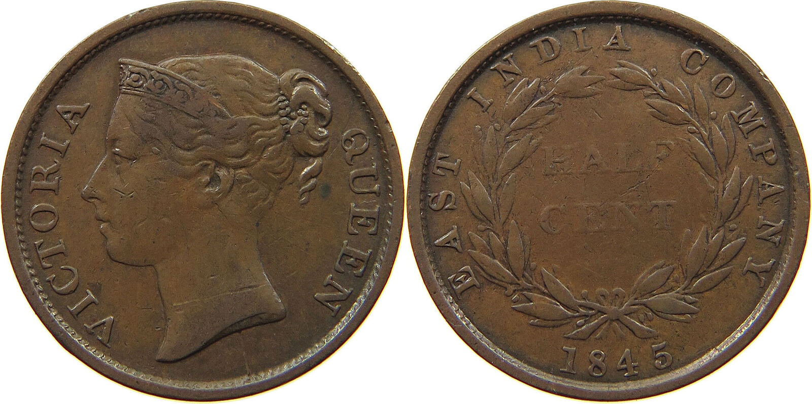 STRAITS SETTLEMENTS 1/2 CENT 1845 Victoria 1837-1901 EAST INDIA COMPANY SS | MA-Shops