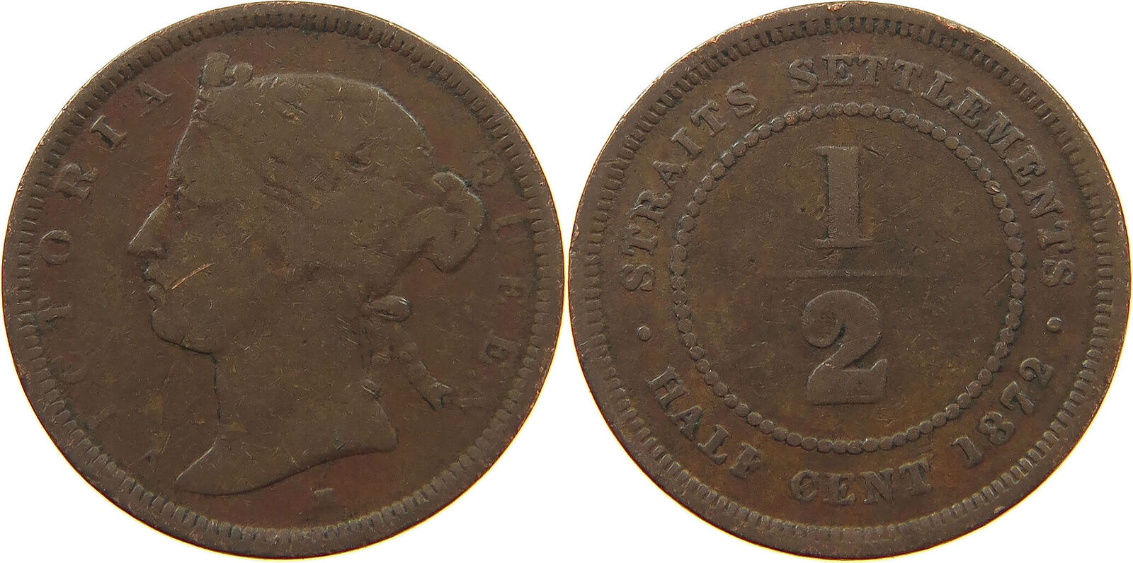 STRAITS SETTLEMENTS 1/2 CENT 1872 Victoria 1837-1901 S-SS | MA-Shops