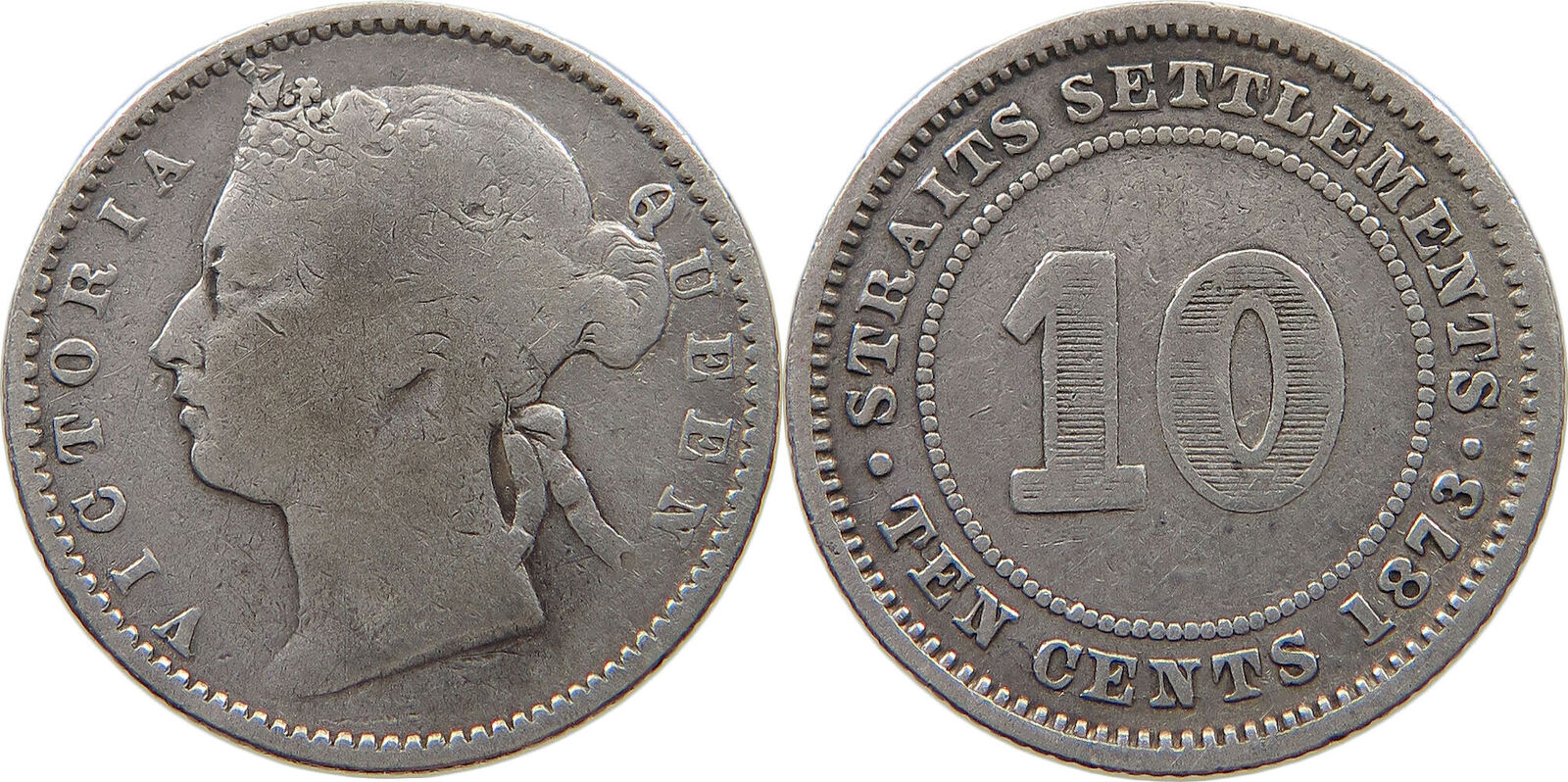STRAITS SETTLEMENTS 10 CENTS 1873 Victoria 1837-1901 S-SS | MA-Shops