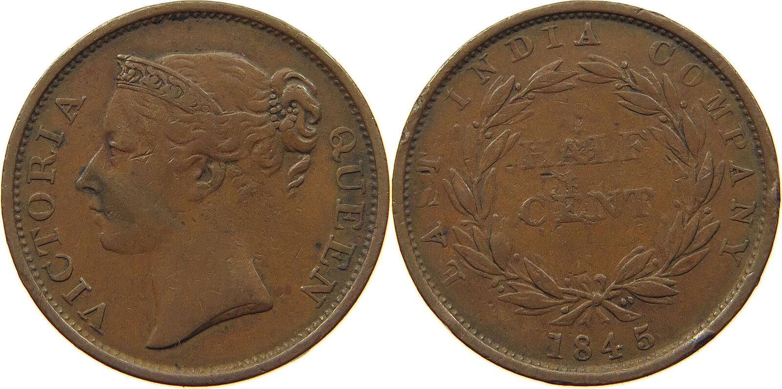 STRAITS SETTLEMENTS 1/2 CENT 1845 Victoria 1837-1901 EAST INDIA COMPANY SS- | MA-Shops