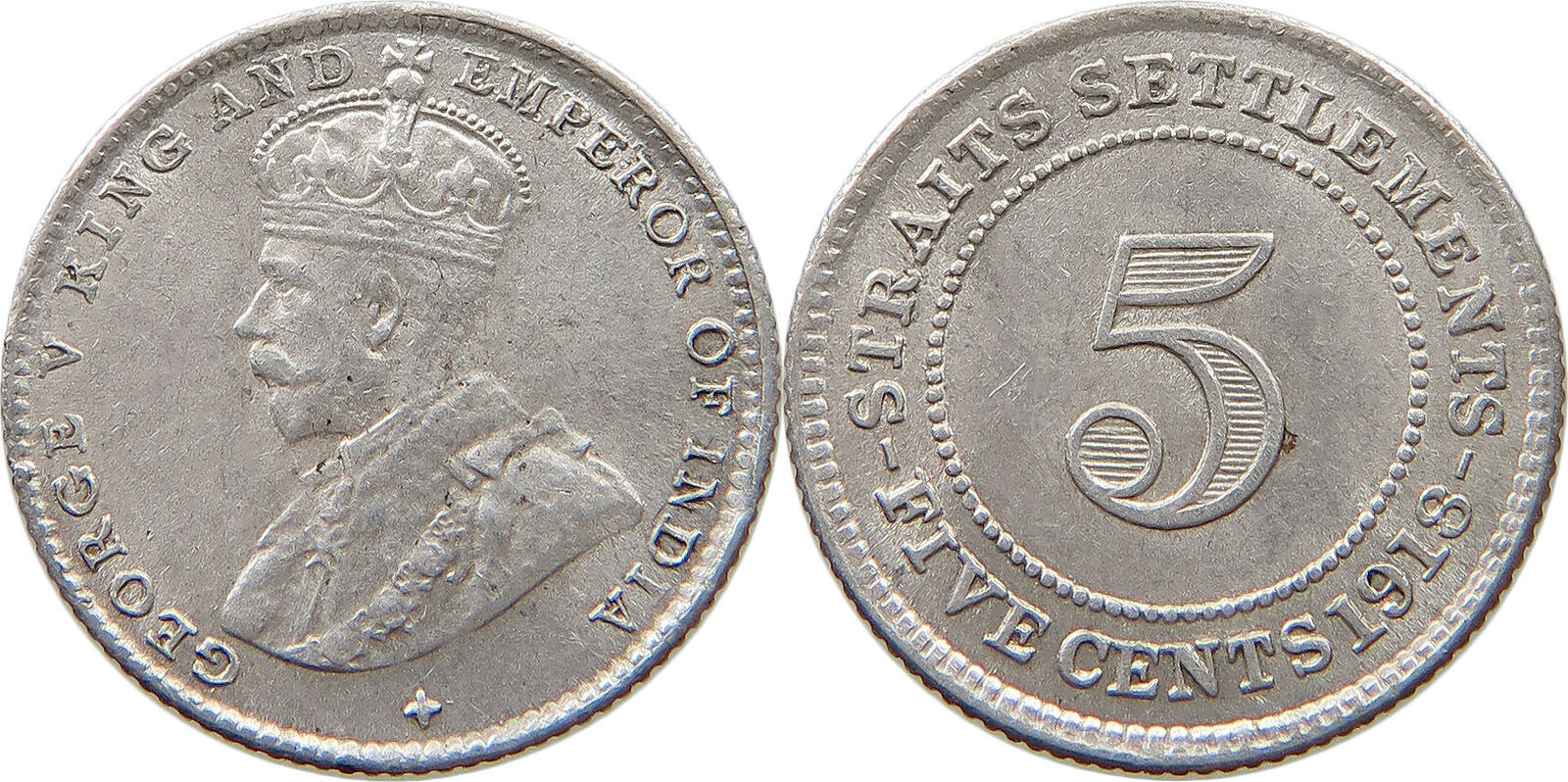 STRAITS SETTLEMENTS 5 CENTS 1918 George V. (1910-1936) SS+ | MA-Shops