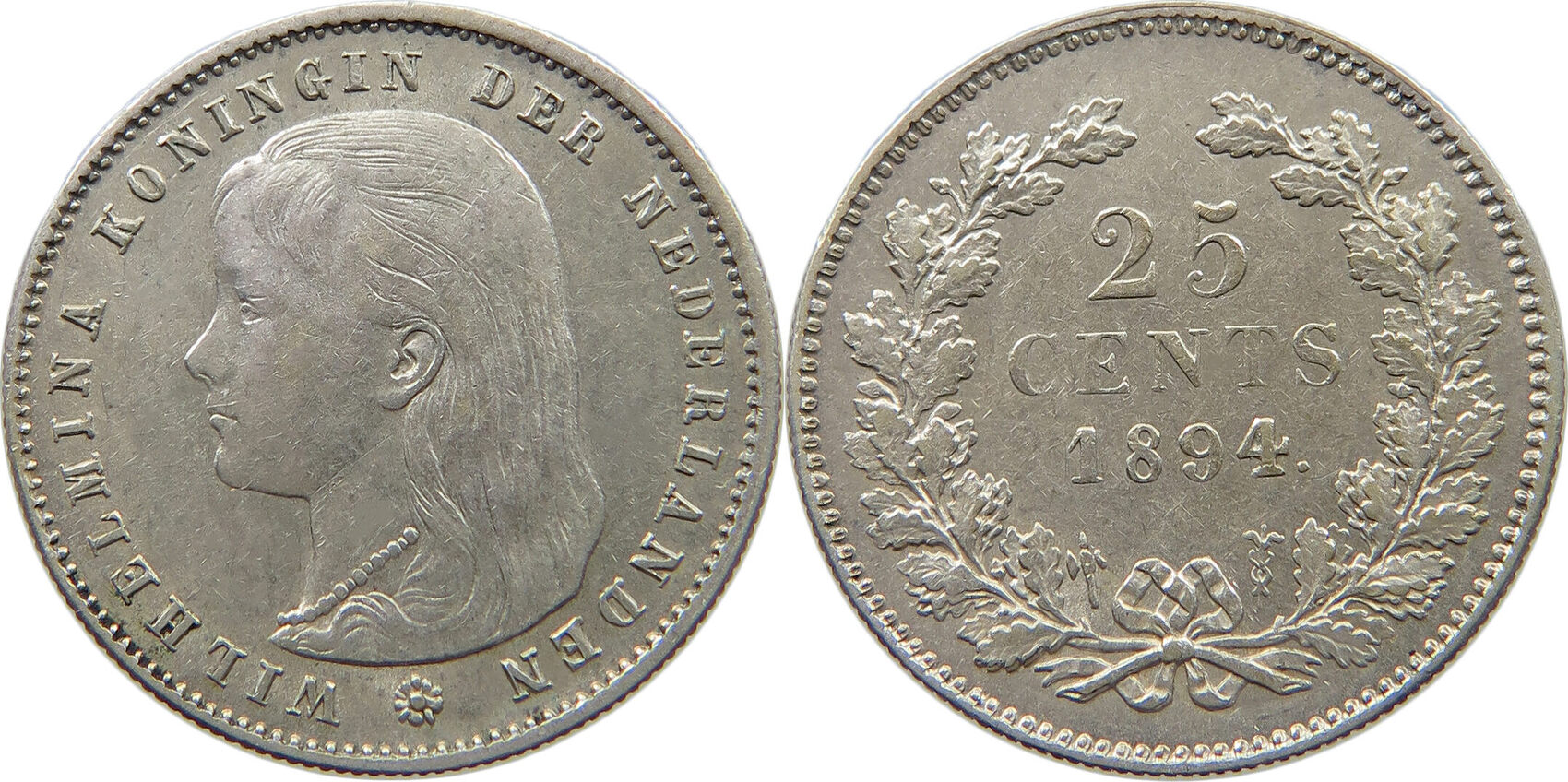 NETHERLANDS 25 CENTS 1894 Wilhelmina 1890-1948 RARE SS | MA-Shops