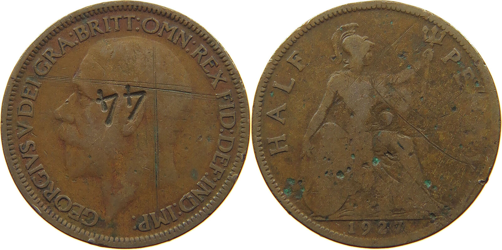 GREAT BRITAIN HALFPENNY 1927 George V. (1910-1936) COUNTERMARKED 44 S ...