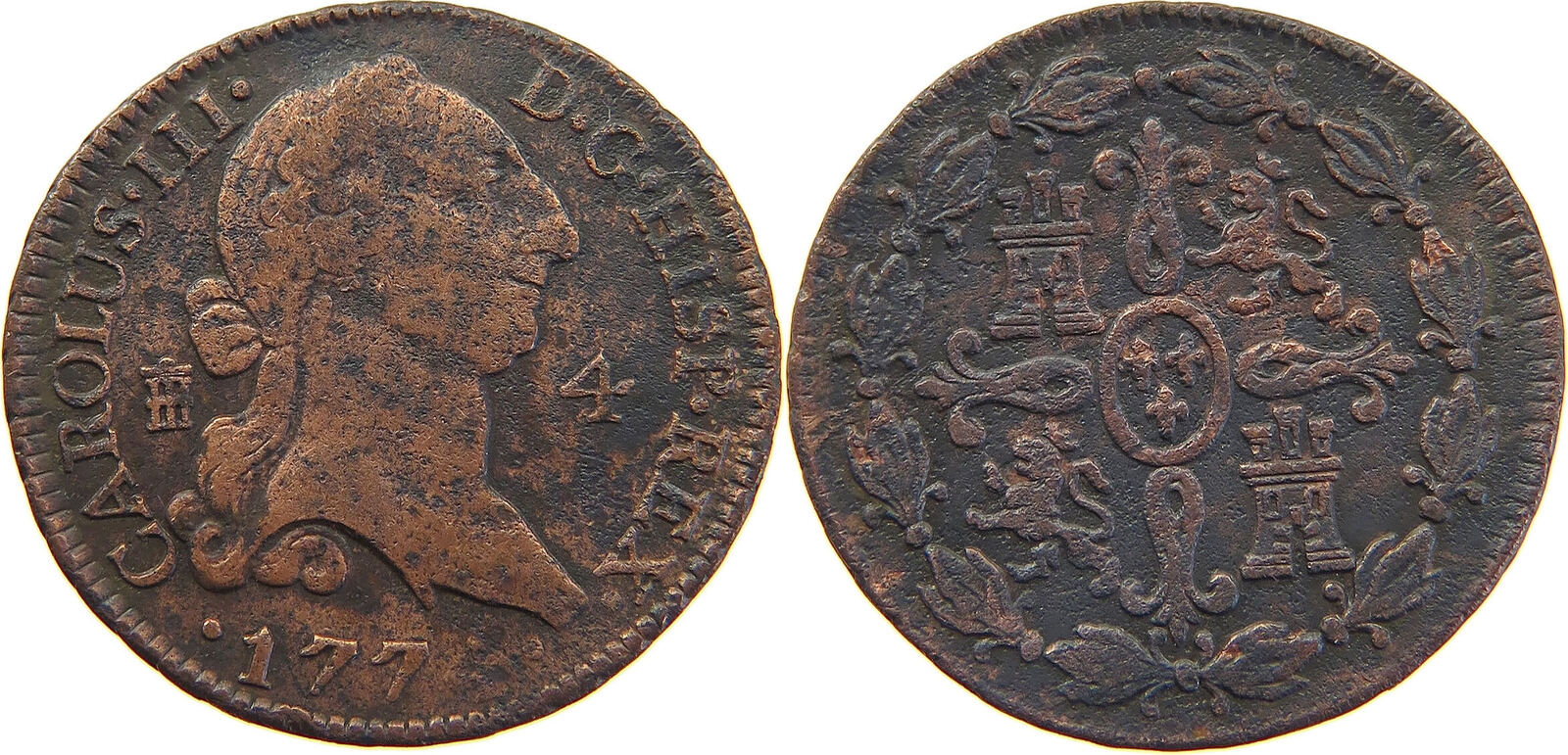 SPAIN 4 MARAVEDIS 1775 Carlos III. 1759-1788. S | MA-Shops