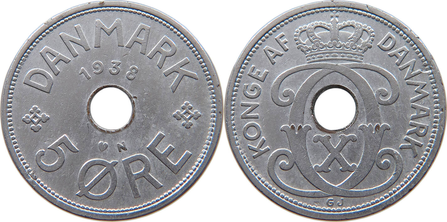 DENMARK 5 ORE 1938 Christian X. (1912-1947) SILVER PLATED SS | MA-Shops