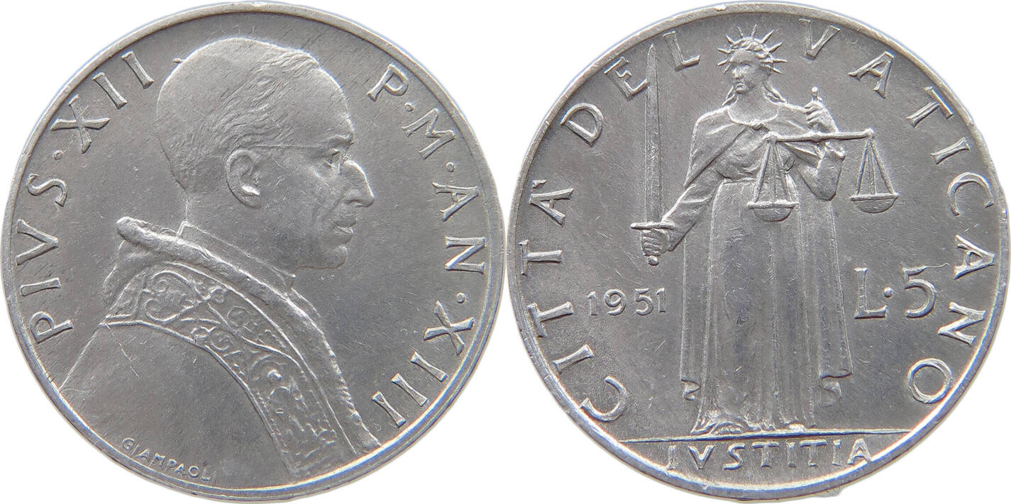 VATICAN 5 LIRE 1951 Pius XII. (1939-1958) VZ- | MA-Shops