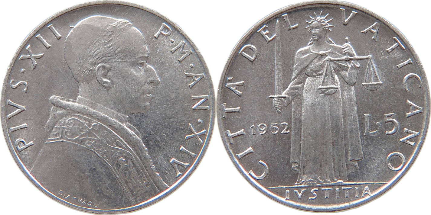 VATICAN 5 LIRE 1952 Pius XII. (1939-1958) VZ | MA-Shops