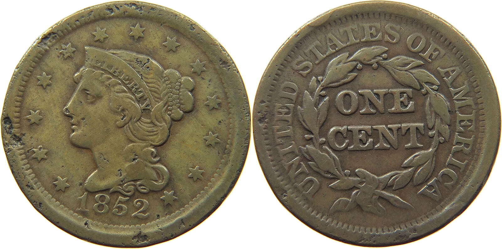 UNITED STATES OF AMERICA LARGE CENT 1852 Braided Hair S | MA-Shops