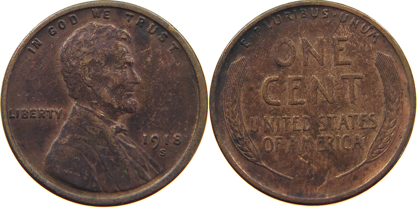 UNITED STATES OF AMERICA CENT 1918 S Lincoln Wheat S-SS | MA-Shops