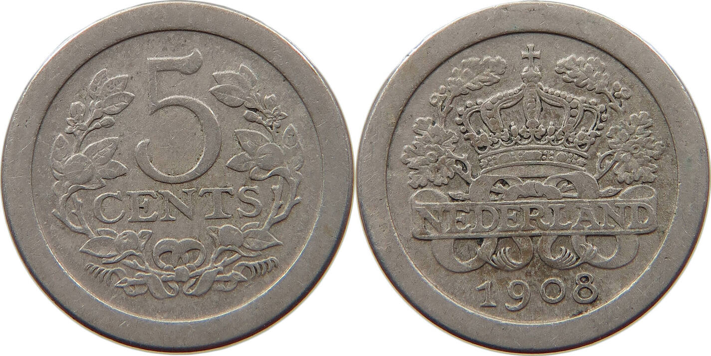 NETHERLANDS 5 CENTS 1908 Wilhelmina 1890-1948 SS | MA-Shops