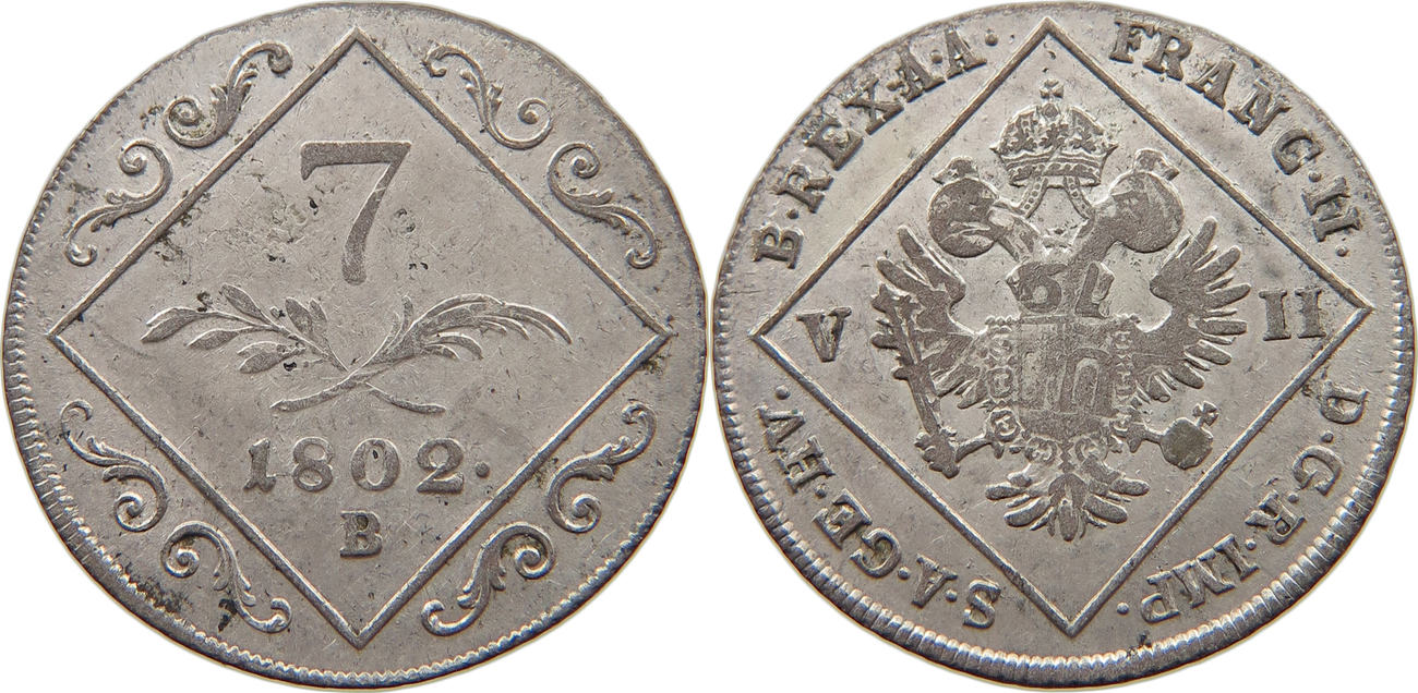Haus Habsburg 7 Kreuzer 1802 B Franz II./I., 1792-1835 Überprägung U79 im Wappen ss | MA-Shops