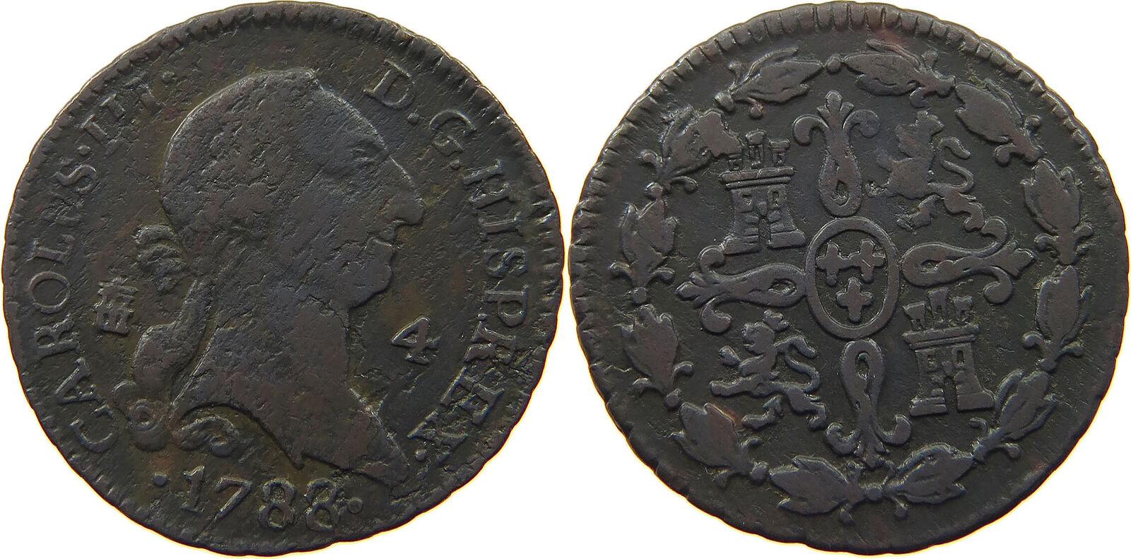 SPAIN 4 MARAVEDIS 1788 Carlos IV, 1788-1808 S-SS | MA-Shops
