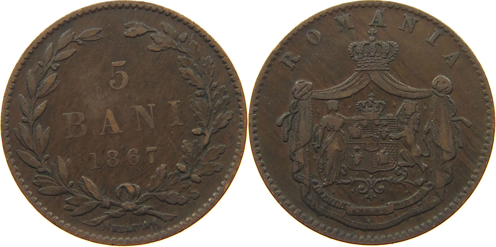 ROMANIA 5 BANI 1867 HEATON Carol I. 1866-1914 SS- | MA-Shops