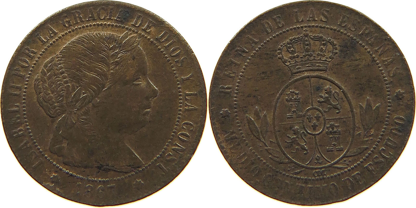 SPAIN 1/2 CENTIMO 1867 Isabell II. (1833–1868) SS | MA-Shops