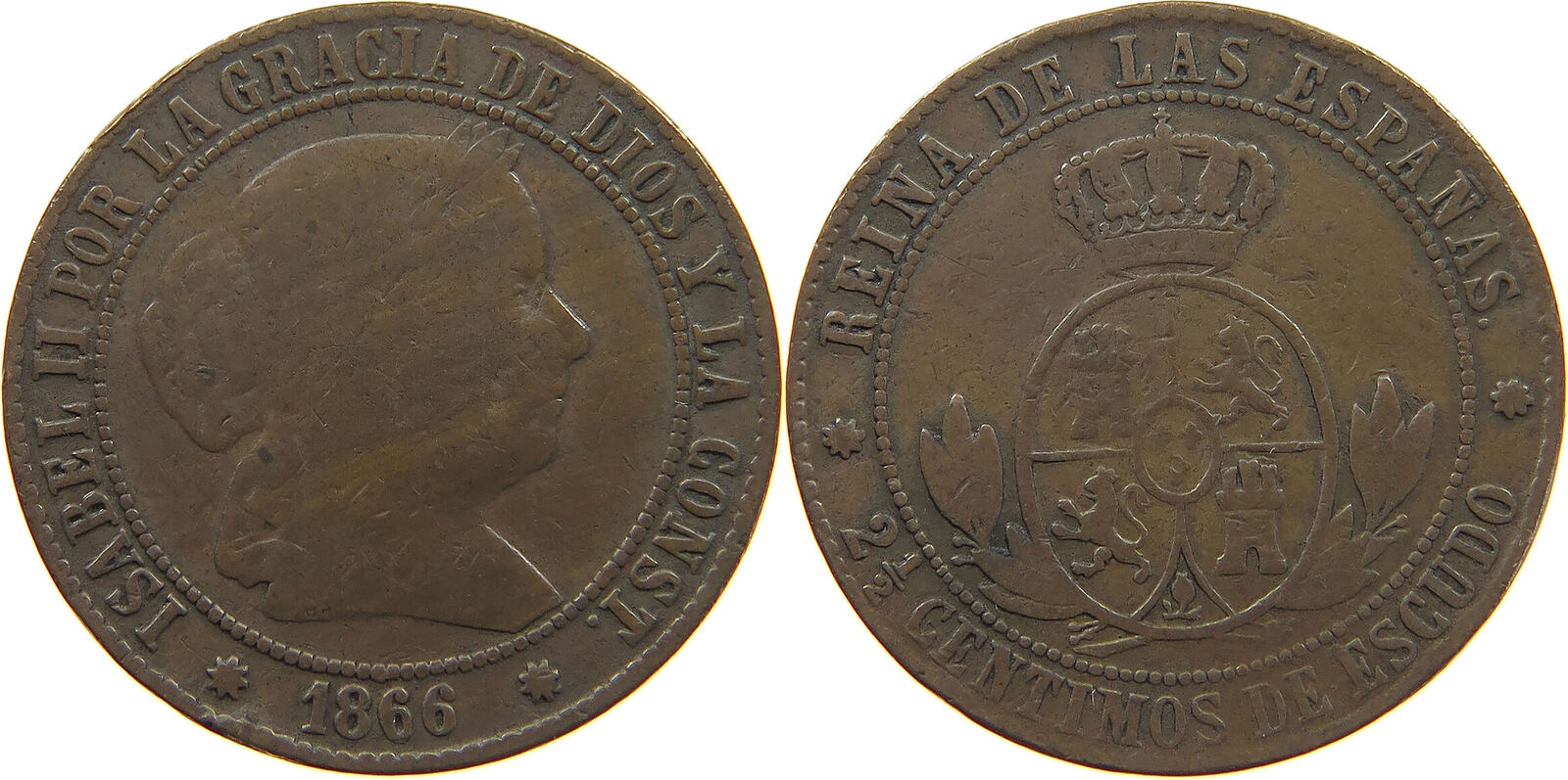 SPAIN 2 1/2 CENTIMOS 1866 Isabell II. (1833–1868) SS | MA-Shops