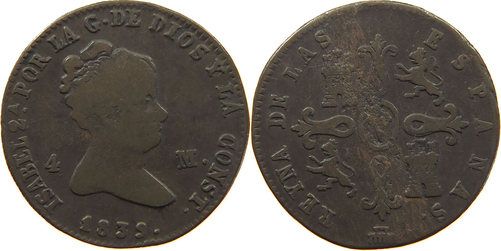 SPAIN 4 MARAVEDIS 1839 Isabell II. (1833–1868) S-SS | MA-Shops