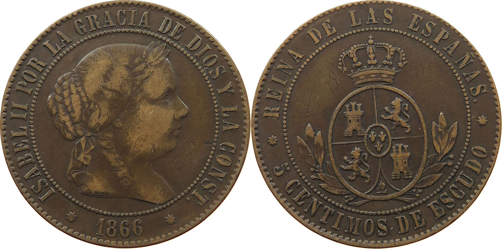 SPAIN 5 CENTIMOS 1866 Isabell II. (1833–1868) SS | MA-Shops