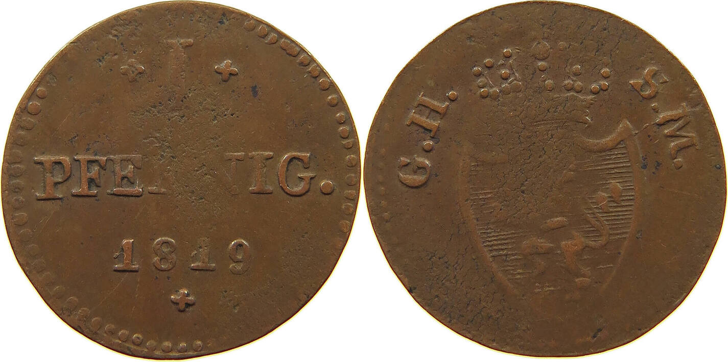 HESSEN DARMSTADT PFENNIG 1819 Ludwig I. 1806-1830. S-SS | MA-Shops