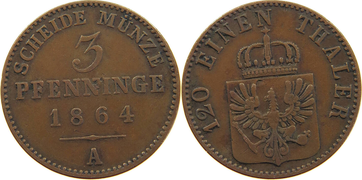 BRANDENBURG PREUSSEN 3 PFENNIG 1864 A Wilhelm I. (1861-1888) SS- | MA-Shops