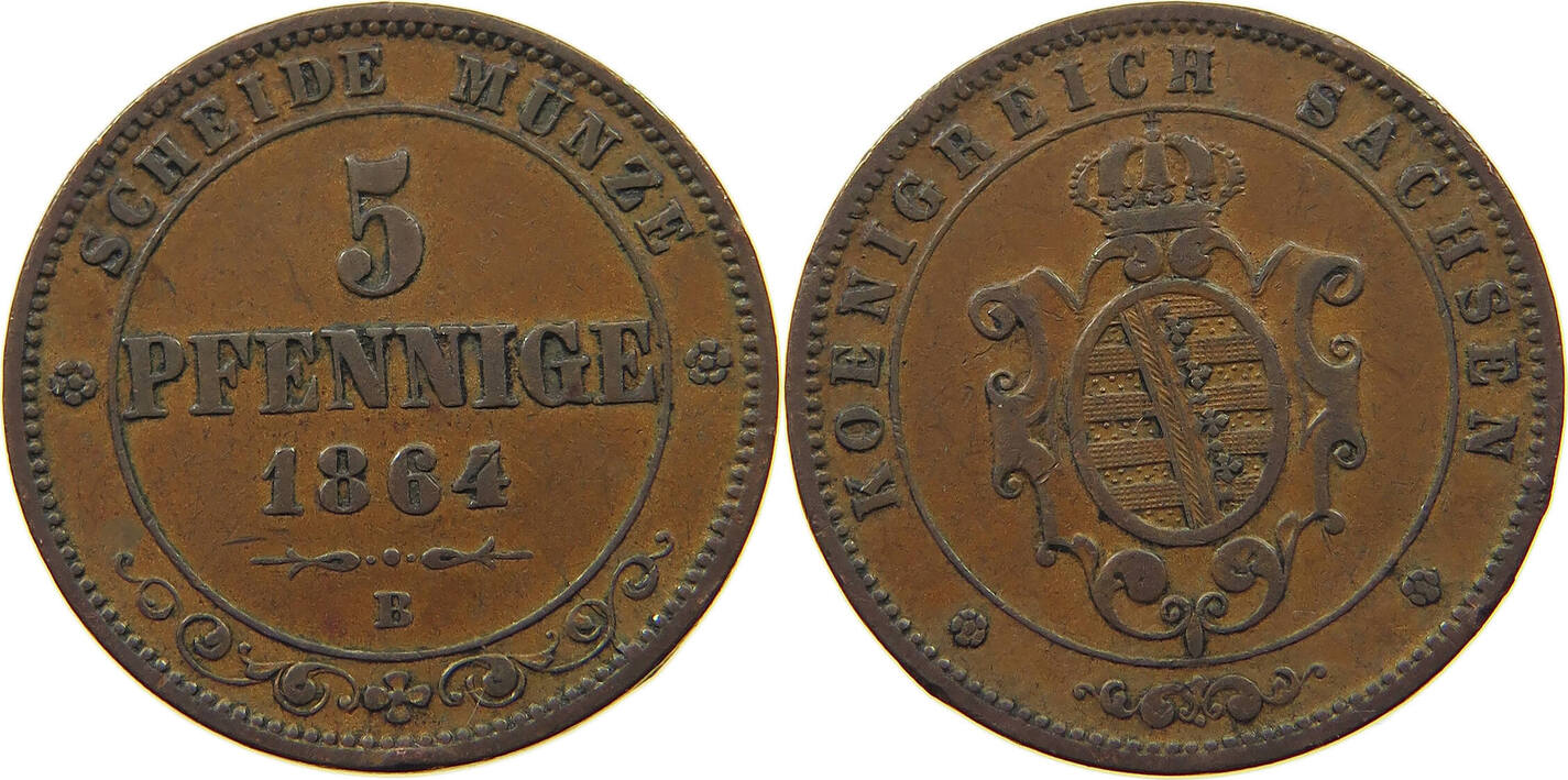 SACHSEN ALBERTINISCHE LINIE 5 PFENNIG 1864 B Johann (1854-1873) SS | MA ...