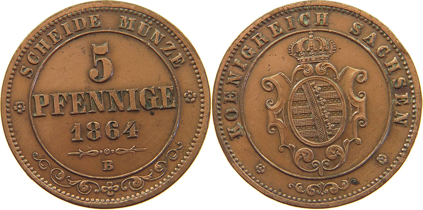SACHSEN ALBERTINISCHE LINIE 5 PFENNIG 1864 B Johann (1854-1873) SS | MA ...