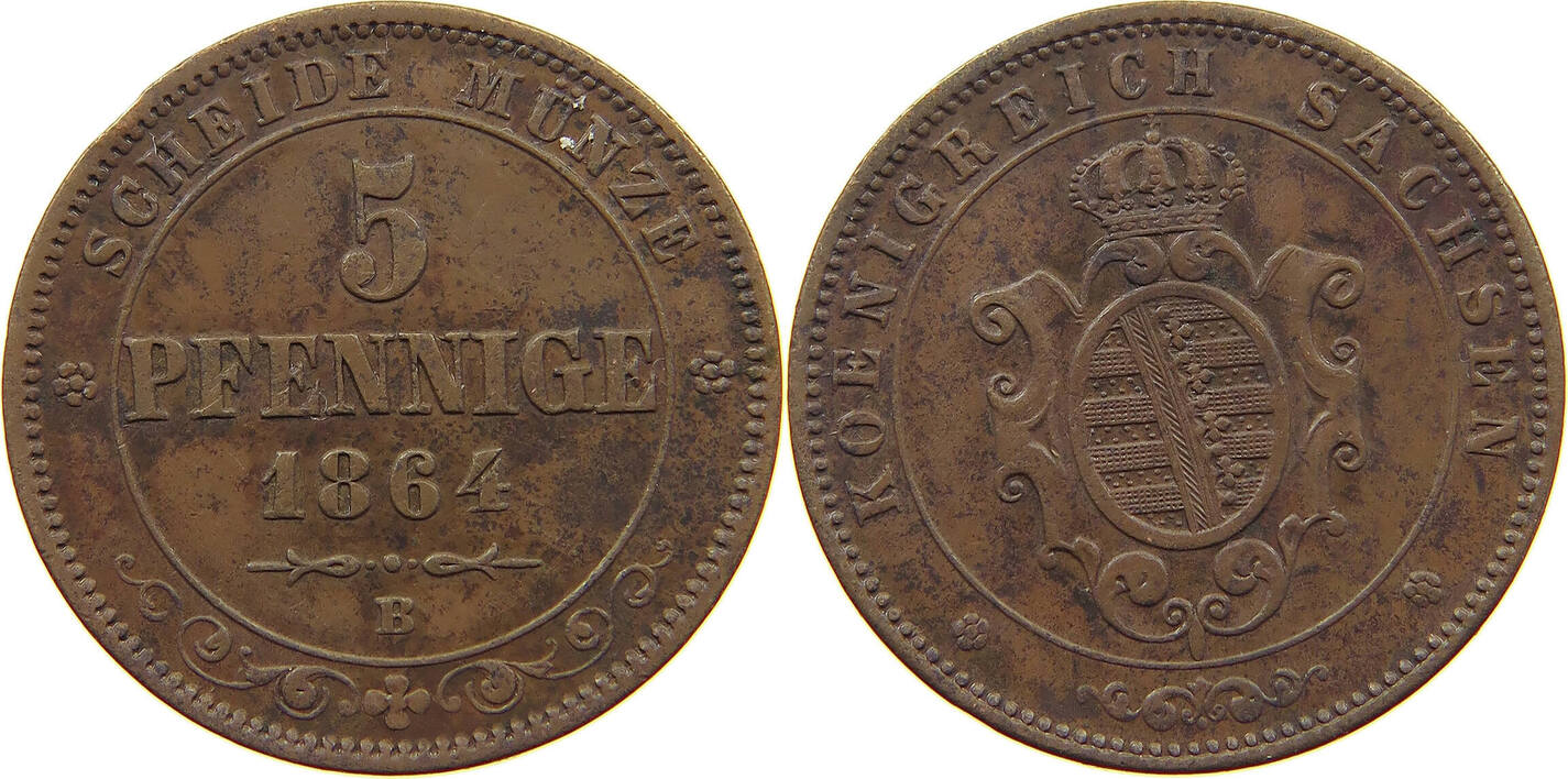 SACHSEN ALBERTINISCHE LINIE 5 PFENNIG 1864 B Johann (1854-1873) SS | MA ...