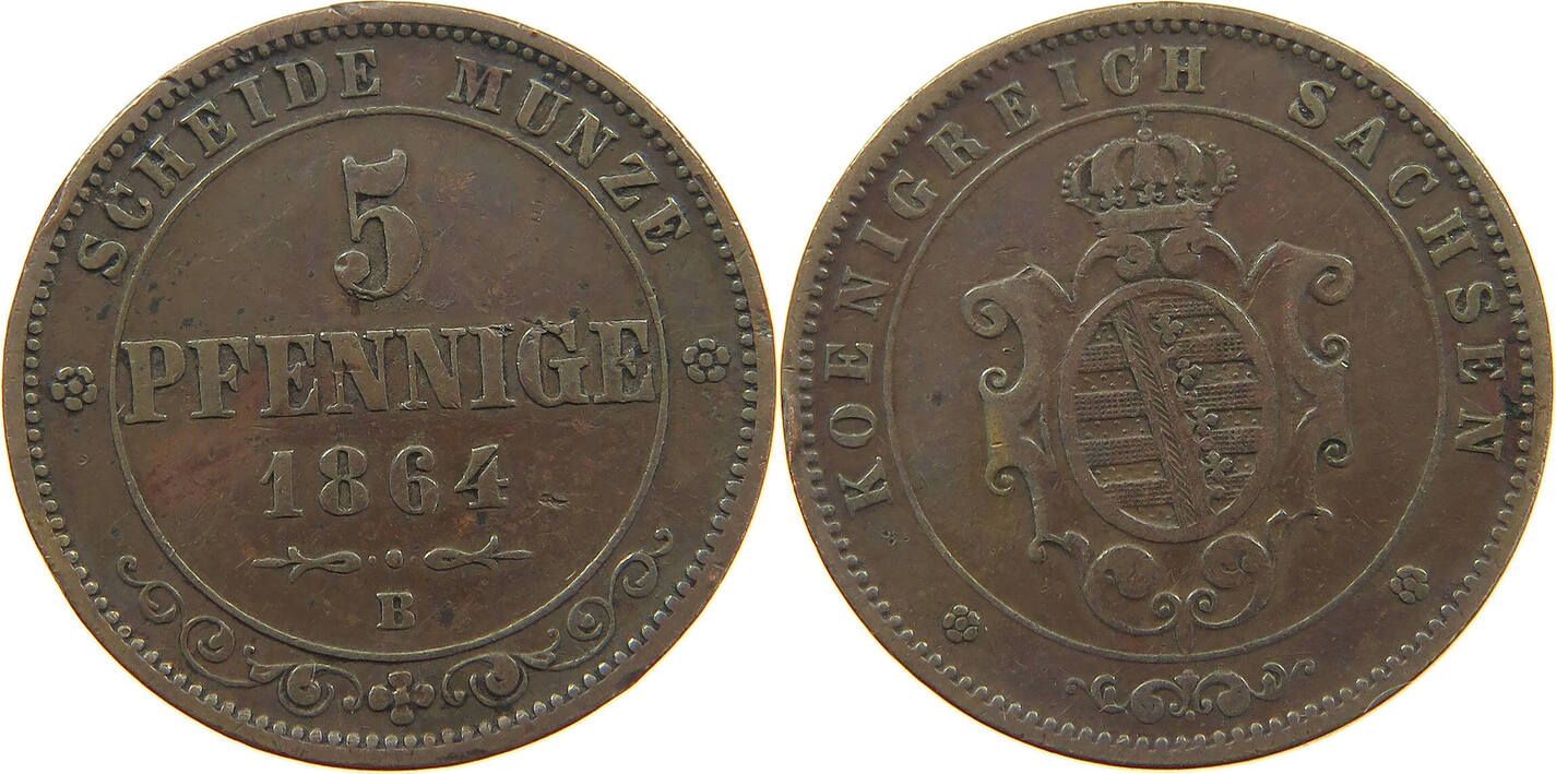 SACHSEN ALBERTINISCHE LINIE 5 PFENNIG 1864 B Johann (1854-1873) SS | MA ...