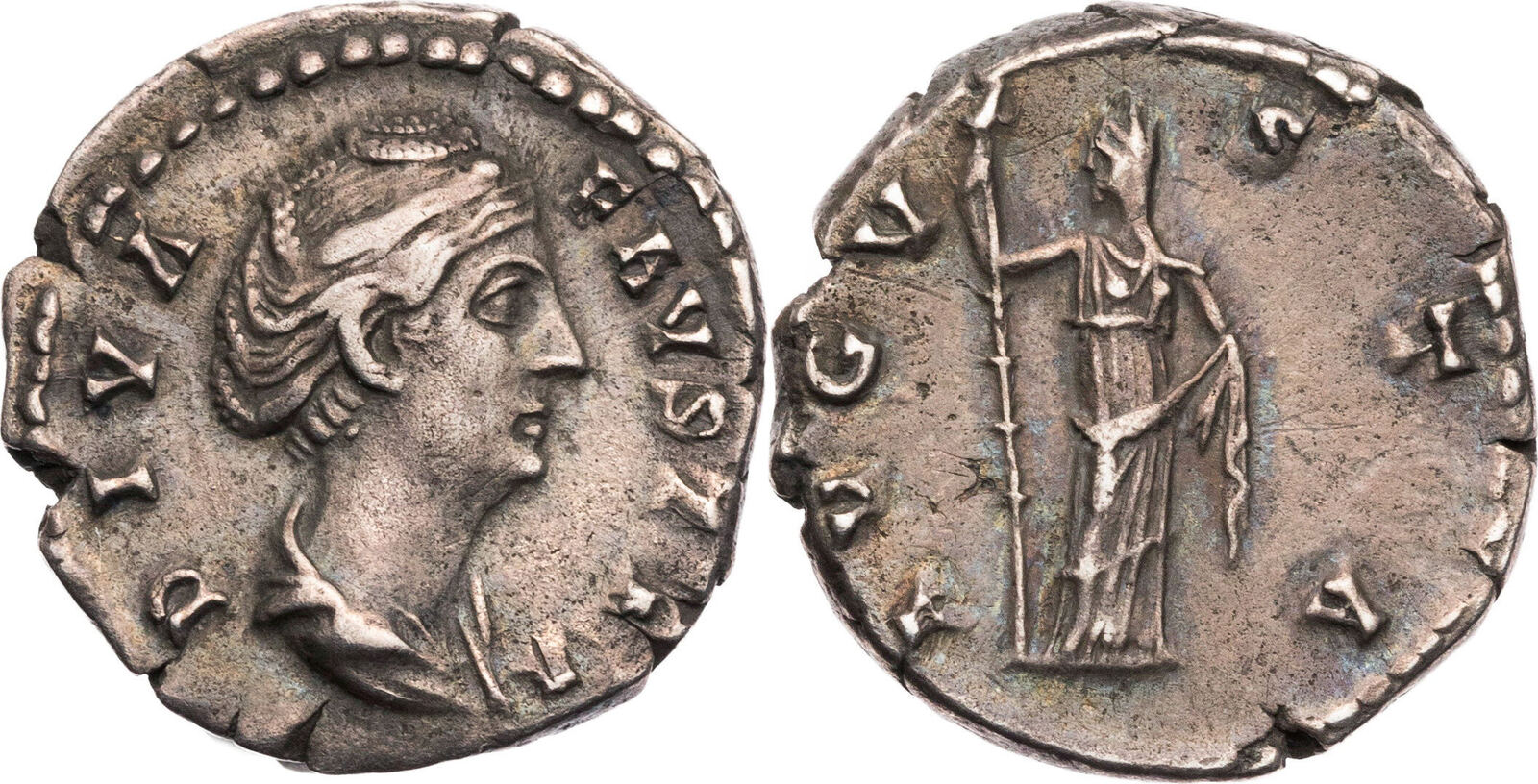Römische Kaiserzeit Denar nach 141 n. Chr. Diva Faustina I., Büste / AVGVSTA, Ceres mit Fackel ...