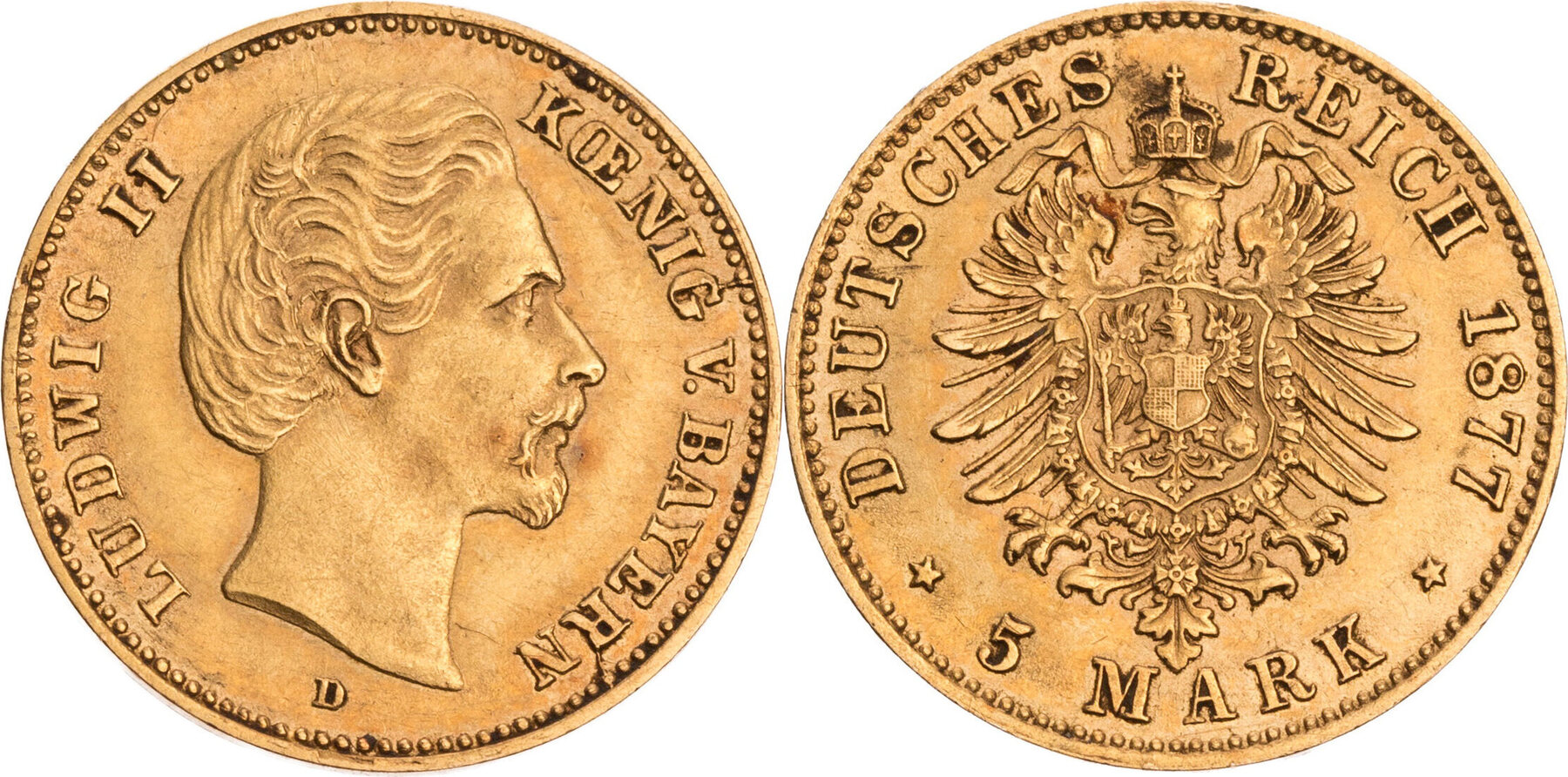 Kaiserreich, Bayern 5 Mark 1877 D Ludwig II. (1864-1886) - Kursmünze ...