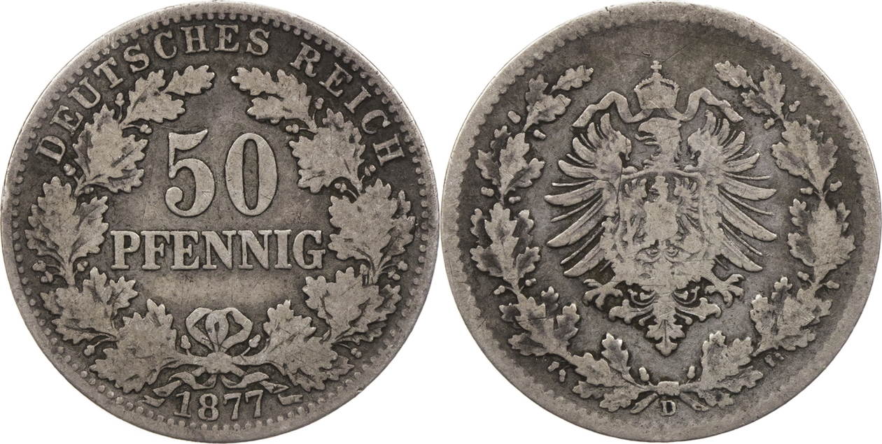 Deutschland - Kaiserreich 50 Pfennig 1877 D Kursmünze (Kleiner Adler) s ...