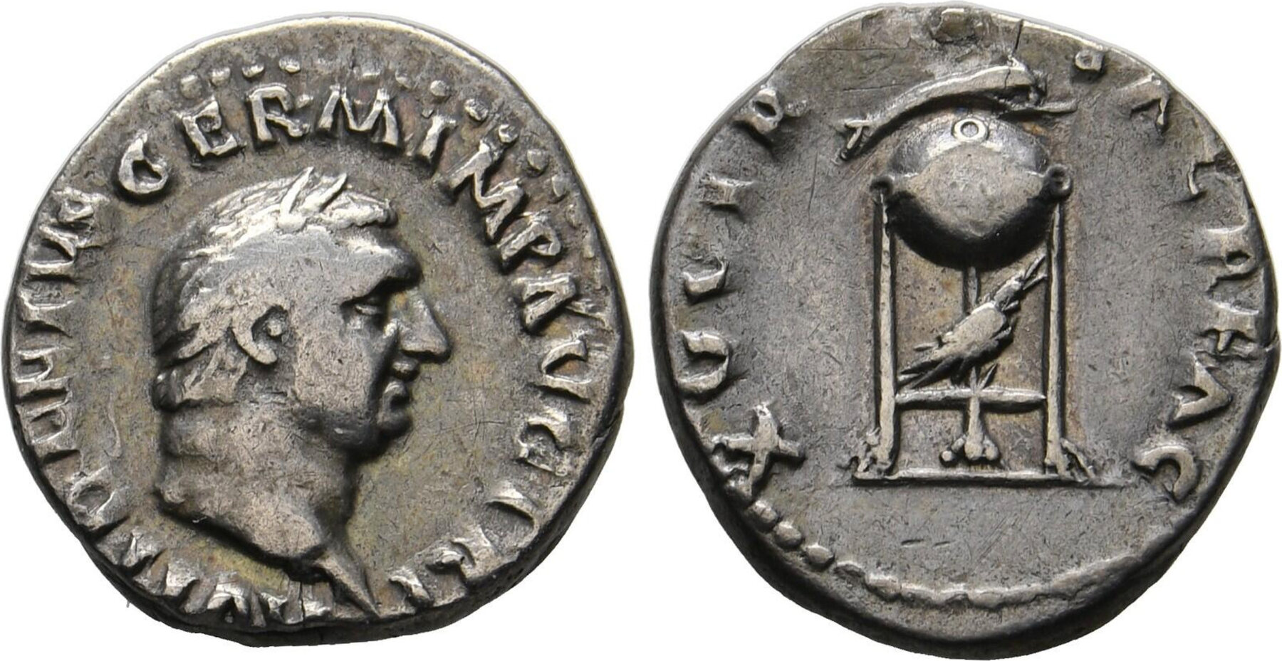 Römische Kaiserzeit Denar 69 n. Chr. Vitellius, Kopf / Dreifuß kl ...