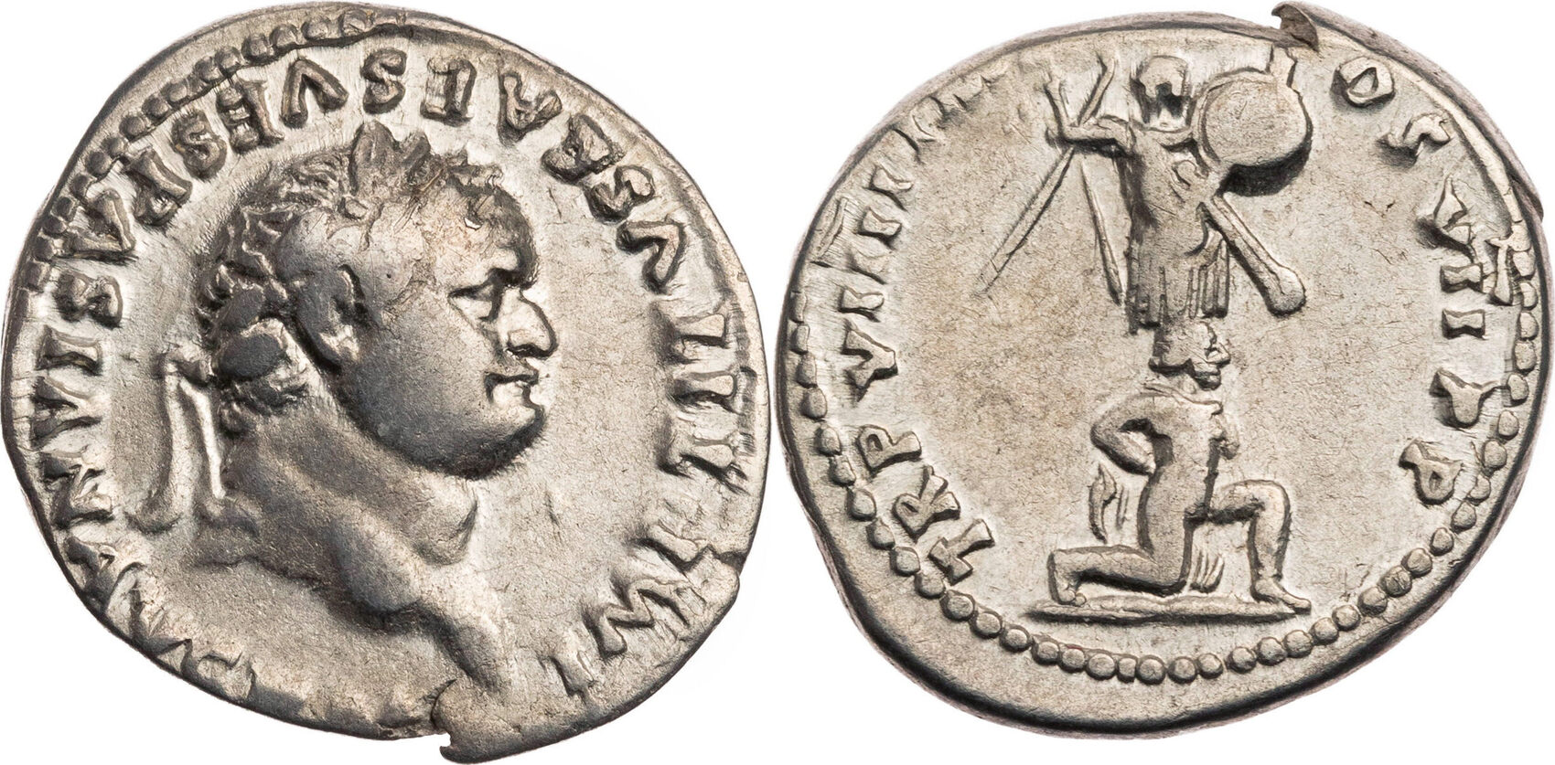 Römische Kaiserzeit Denar 79 n. Chr. Titus, Judaea Capta, Kopf ...