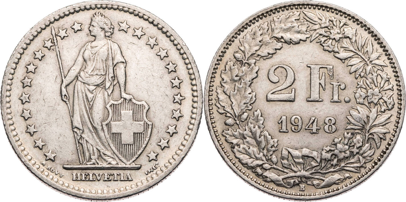 Schweiz 2 Franken 1948 B Helvetia - Kursmünze (1874-1967) ss | MA-Shops