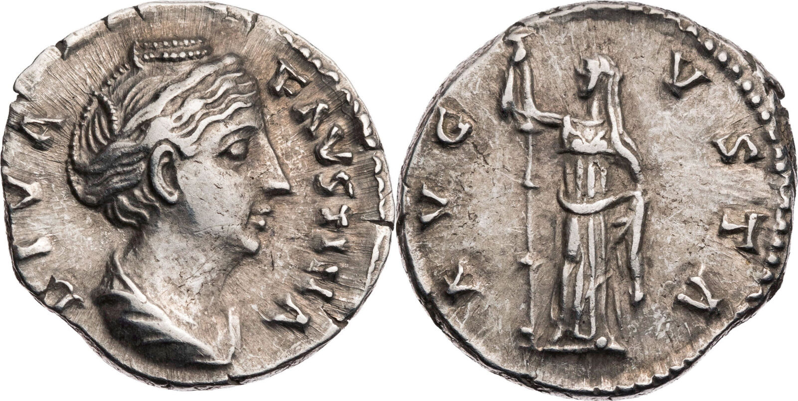 Römische Kaiserzeit Denar nach 141 n. Chr. Diva Faustina I., Büste / AVGVSTA, Ceres mit Fackel ...