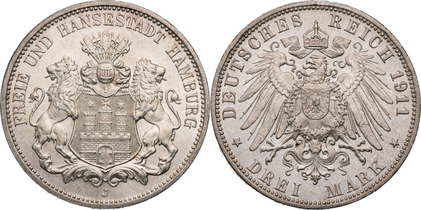 Kaiserreich, Hamburg 3 Mark 1911 J Kursmünze (1908-1914) vz | MA-Shops