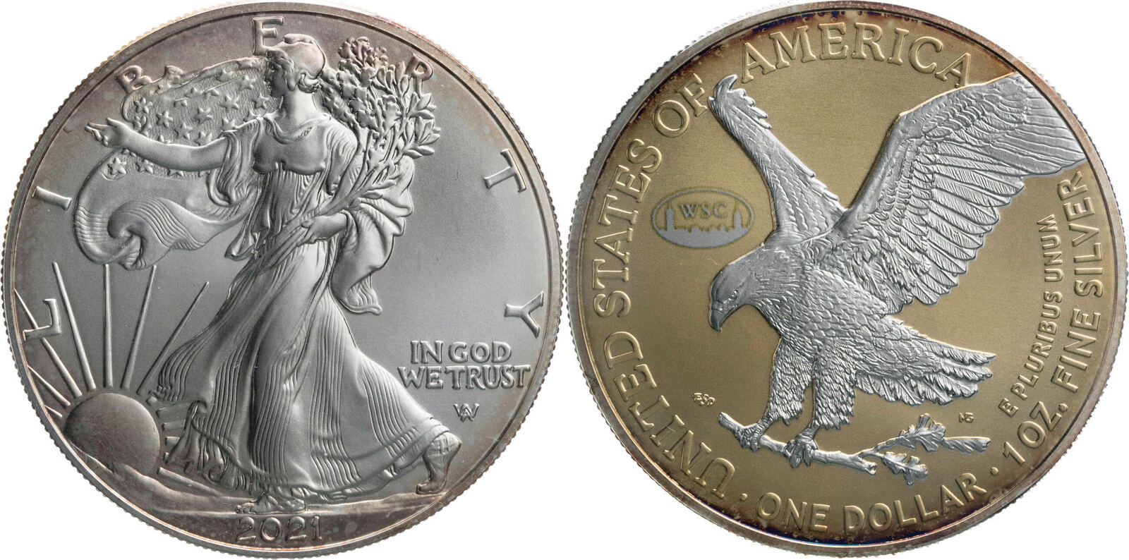 USA 1 Dollar 2021 W American Silver Eagle - 1 Unze Feinsilber - WSC vz-st, vergoldet, mit weißem ...
