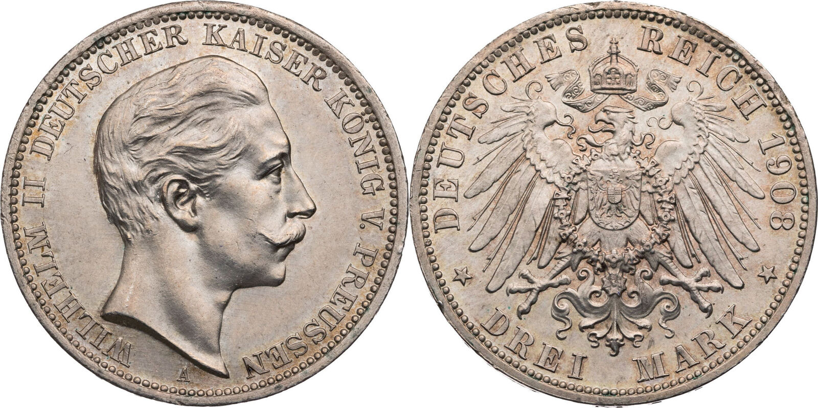 Kaiserreich, Preussen 3 Mark 1908 A Wilhelm II. (1888-1918) - Kursmünze (1908-1912) vz, Kratzer ...