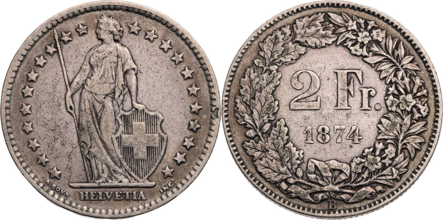 Schweiz 2 Franken 1874 B Helvetia - Kursmünze (1874-1967) schön | MA-Shops