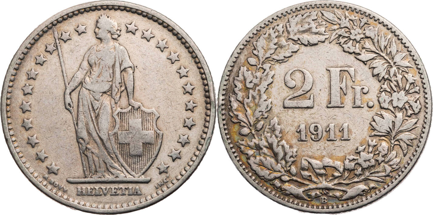 Schweiz 2 Franken 1911 B Helvetia - Kursmünze (1874-1967) s-ss | MA-Shops