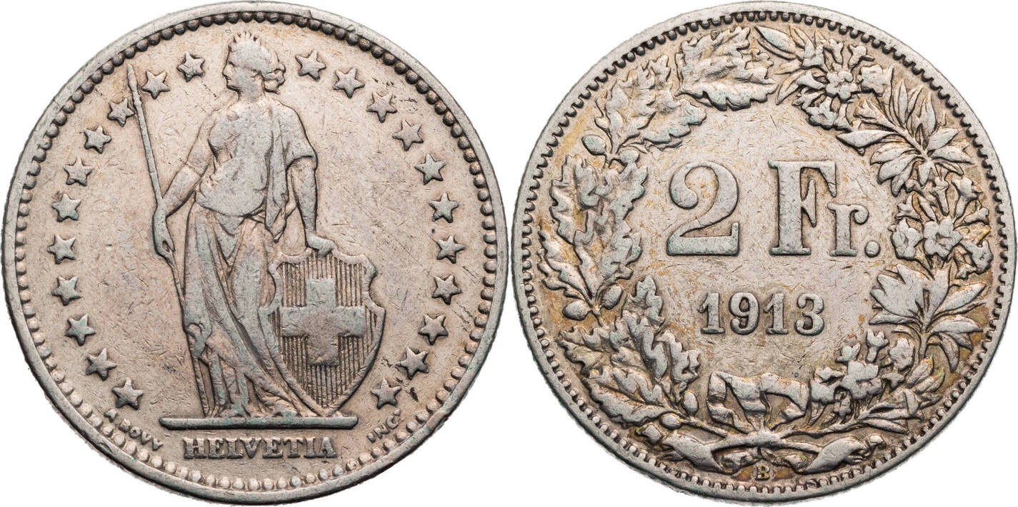 Schweiz 2 Franken 1913 B Helvetia - Kursmünze (1874-1967) ss | MA-Shops