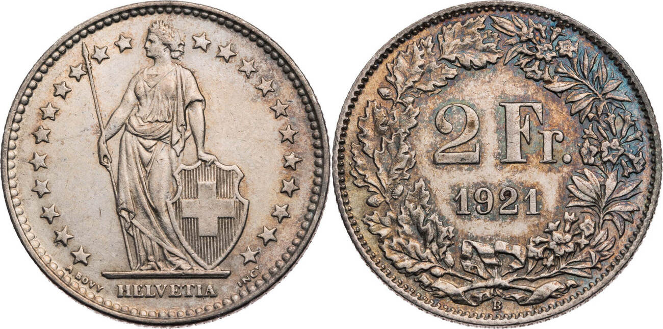 Schweiz 2 Franken 1921 B Helvetia - Kursmünze (1874-1967) ss-vz | MA-Shops