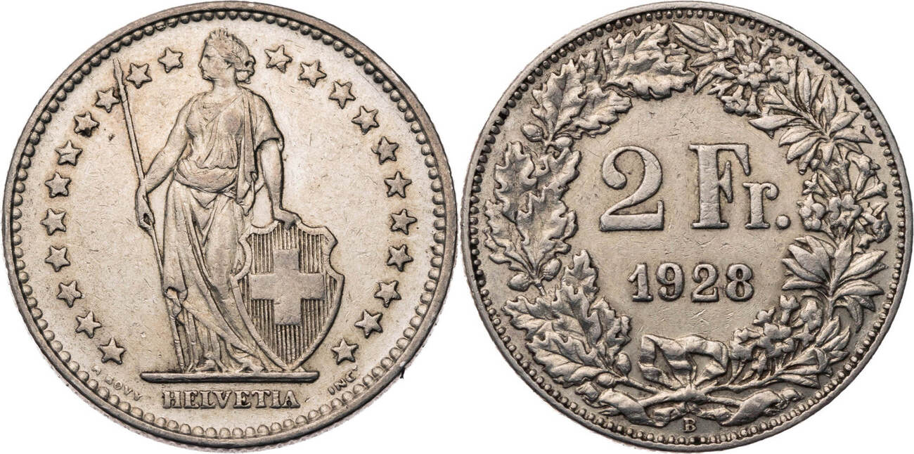 Schweiz 2 Franken 1928 B Helvetia - Kursmünze (1874-1967) ss | MA-Shops