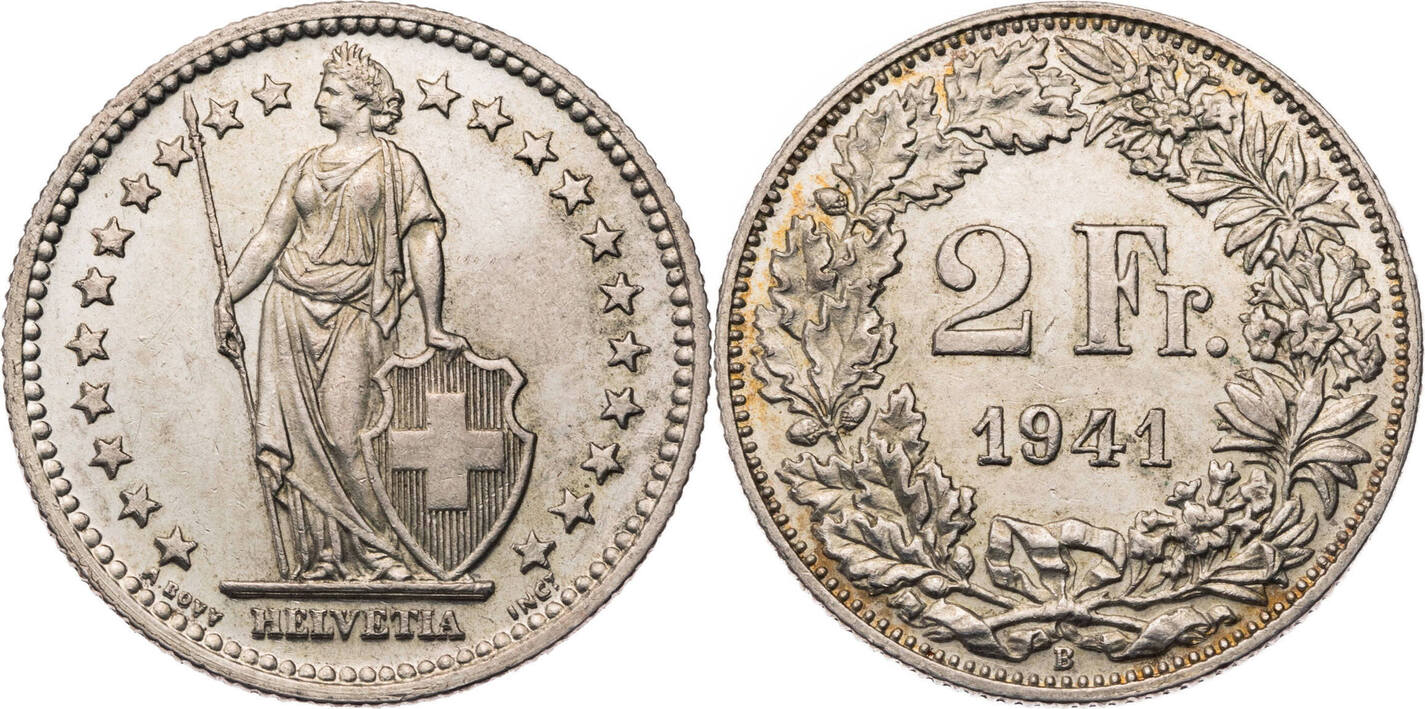 Schweiz 2 Franken 1941 B Helvetia - Kursmünze (1874-1967) ss+ | MA-Shops
