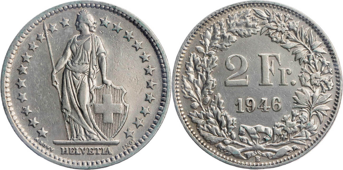 Schweiz 2 Franken 1946 B Helvetia - Kursmünze (1874-1967) ss | MA-Shops