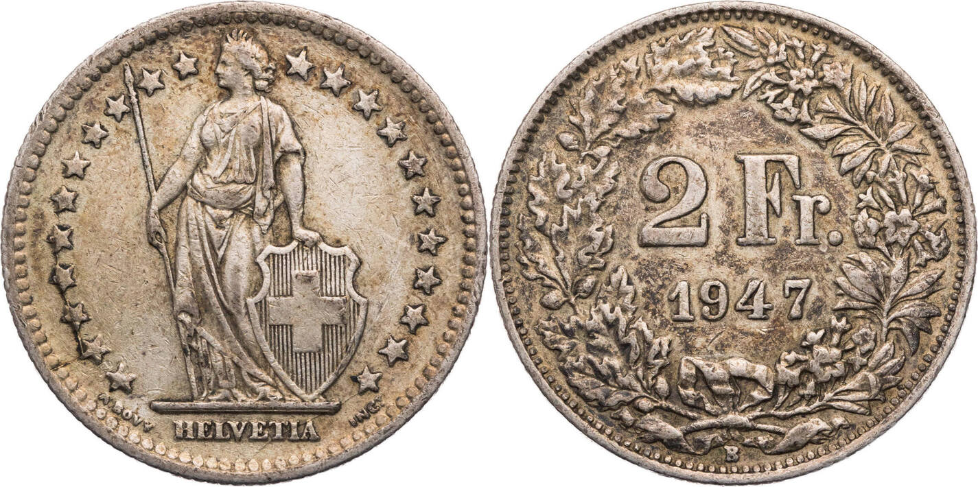 Schweiz 2 Franken 1947 B Helvetia - Kursmünze (1874-1967) ss | MA-Shops
