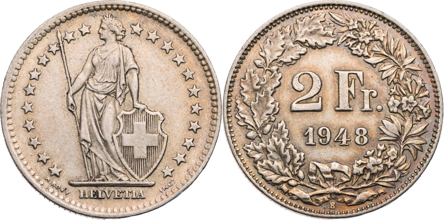 Schweiz 2 Franken 1948 B Helvetia - Kursmünze (1874-1967) ss | MA-Shops