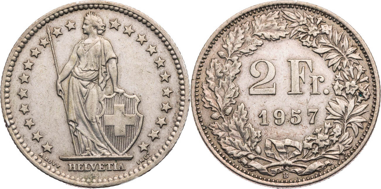 Schweiz 2 Franken 1957 B Helvetia - Kursmünze (1874-1967) ss | MA-Shops